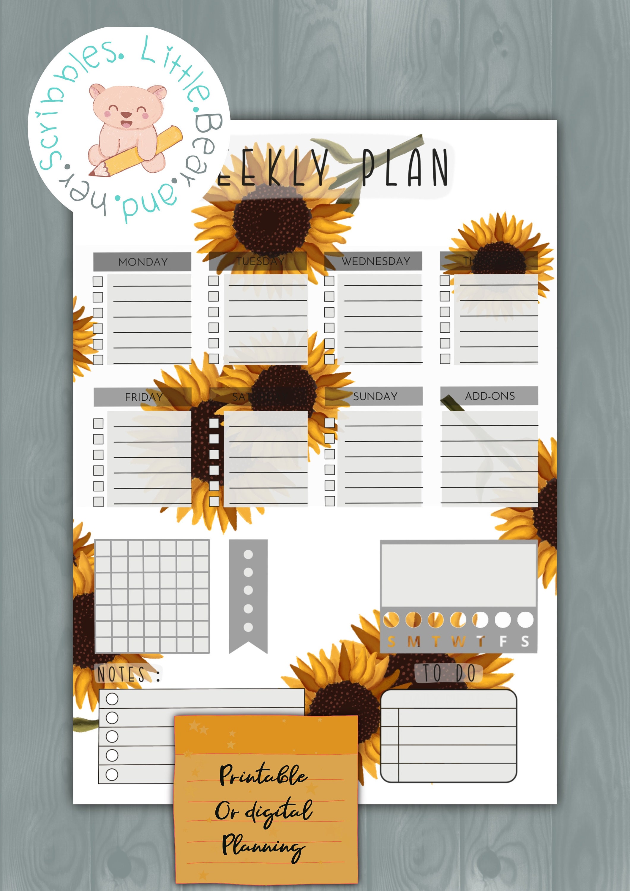 PDF Weekly Planner, Printable and Digital Weekly Planner - Sunflowers ...