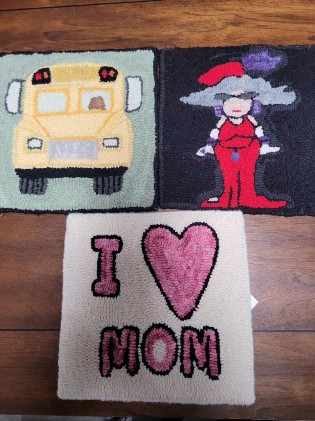 Mug Rugs Finished Hand Hooked Wool Red Hat Society, School Bus, I Love ...