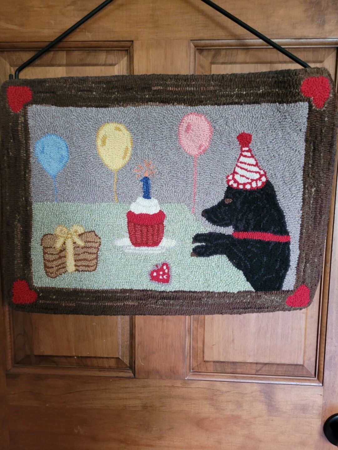 Dog's 1st Birthday Hand Hooked Wool Wall Hanging. Black Dog With ...