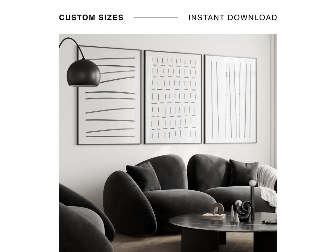 Set of 3 Black and White Minimal Prints, Trio of Geometric Printable ...