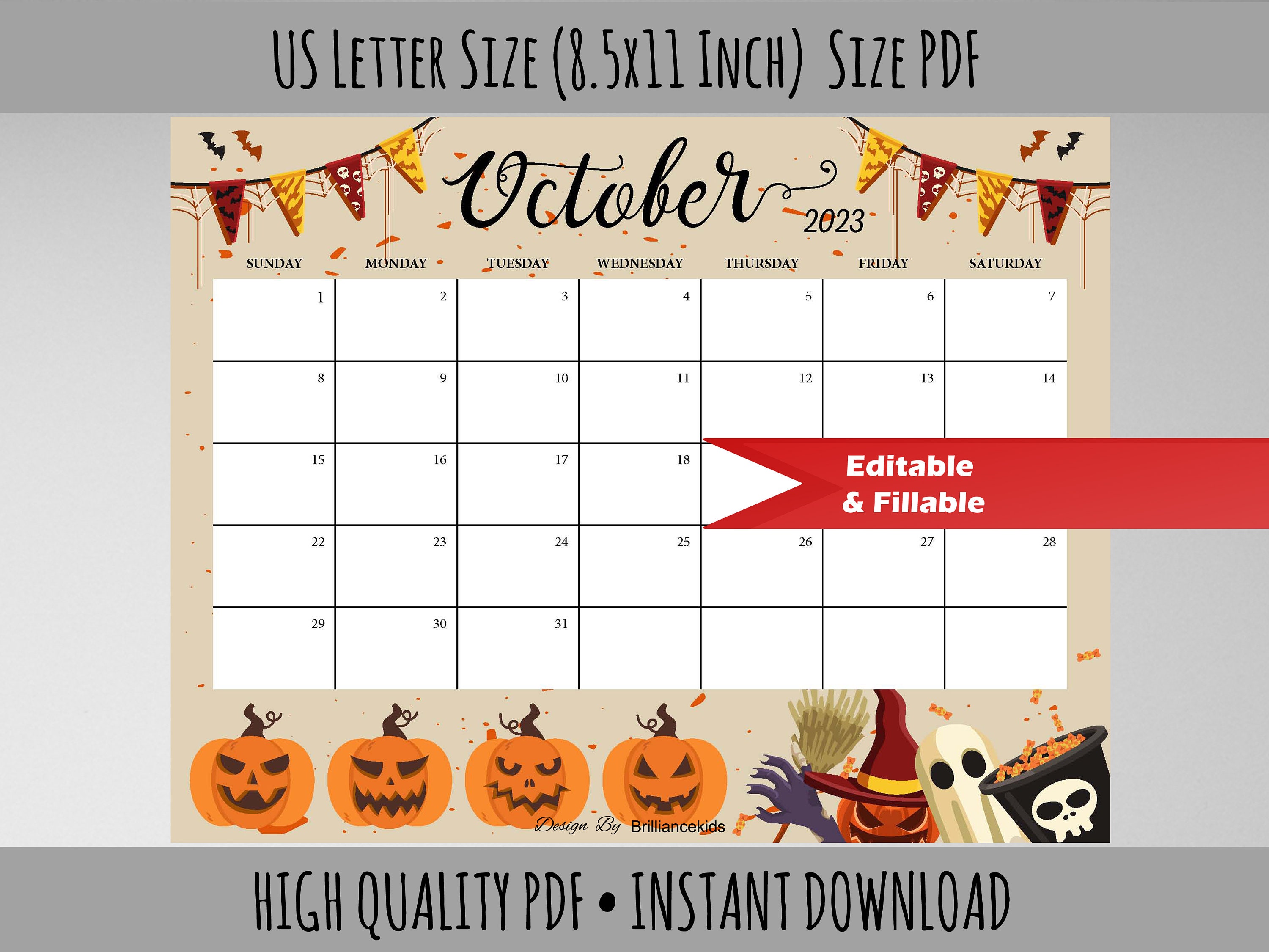 Editable October Month Calendar 2023, Halloween Planner, Printable ...