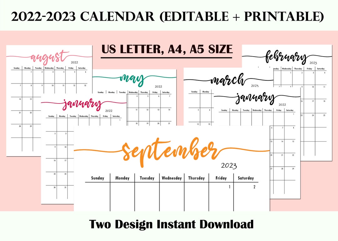 2022, 2023 Calendar Editable Printable, Monthly Planner, Sunday Start ...