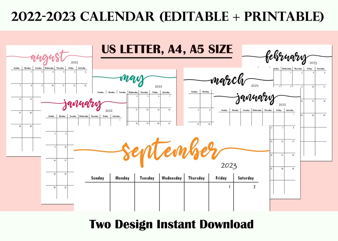 2022, 2023 Calendar Editable Printable, Monthly Planner, Sunday Start ...