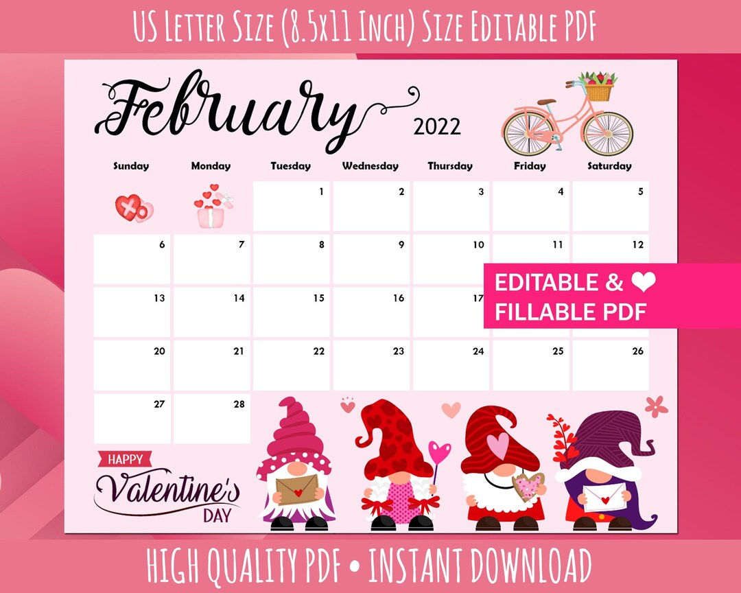 Editable February Month Calendar 2022, Valentine Day Planner, Printable ...