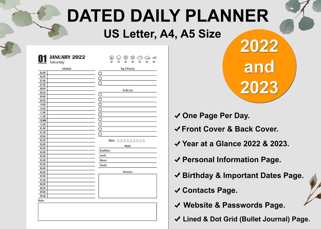 2022, 2023 Dated Daily Planner Printable, Dated Day Planner, Daily ...