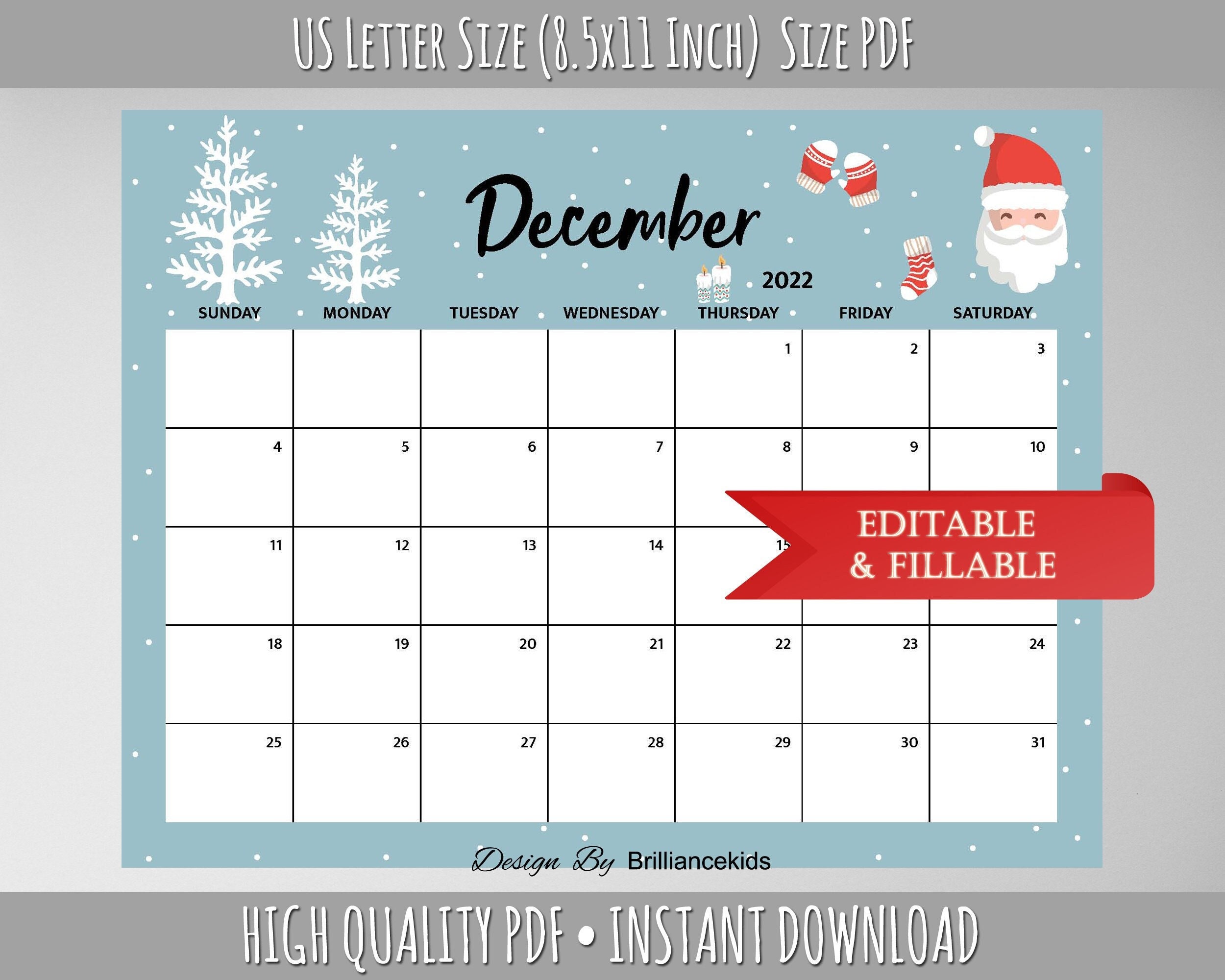 December Christmas Calendar 2022 Printable
