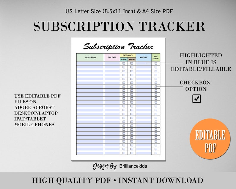 Editable Subscription Tracker, Printable, Subscription Log, Expense ...