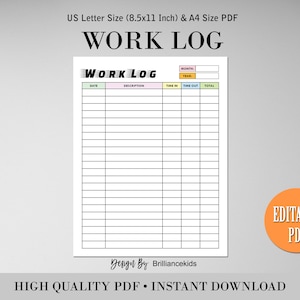 Editable Work Log Printable, Work Task Log, Time Spent Tracker ...