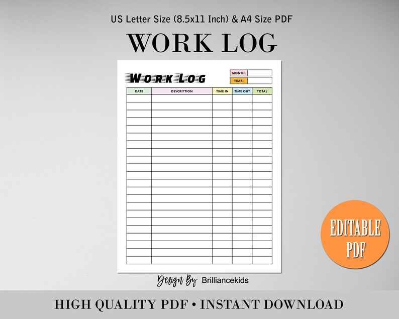 Editable Work Log Printable, Work Task Log, Time Spent Tracker ...