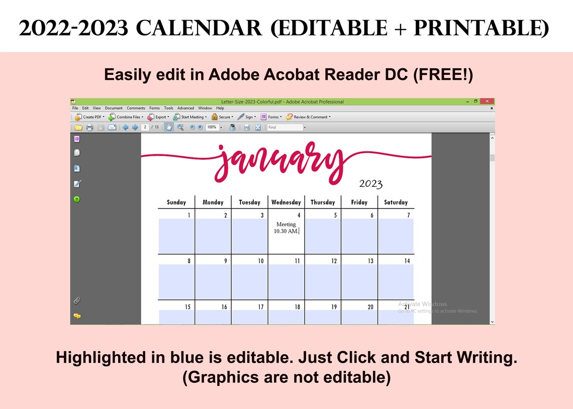 2022, 2023 Calendar Editable Printable, Monthly Planner, Sunday Start ...