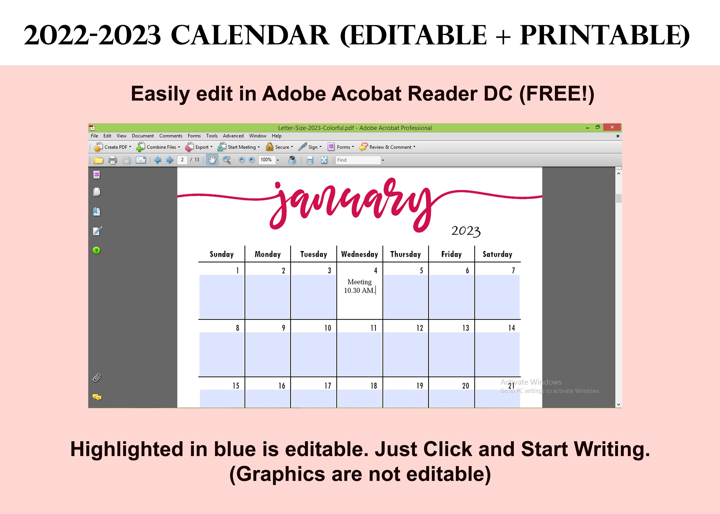 2022, 2023 Calendar Editable Printable, Monthly Planner, Sunday Start ...