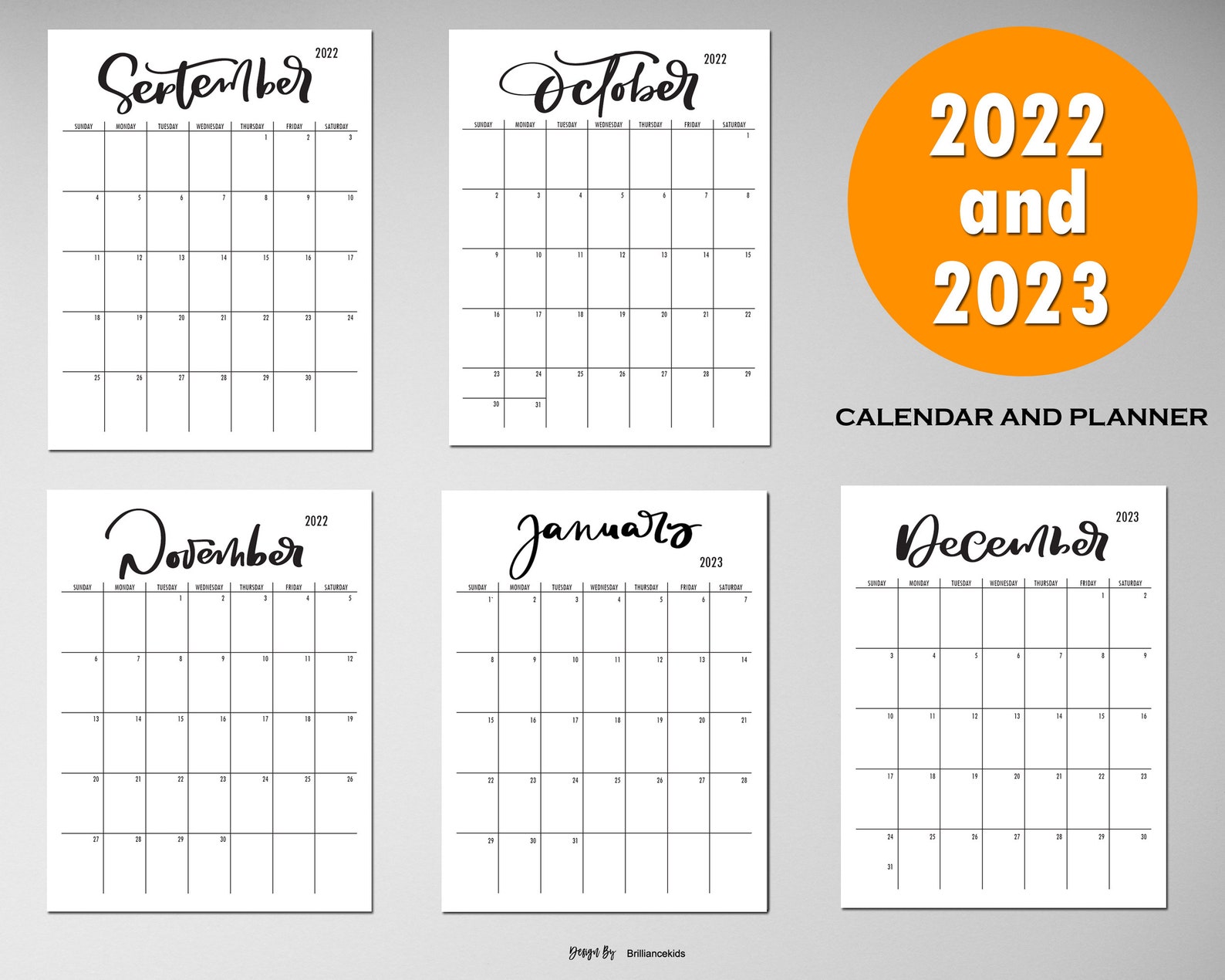 2022, 2023 Calendar Printable, Planner, Sunday Start, Letter Size ...