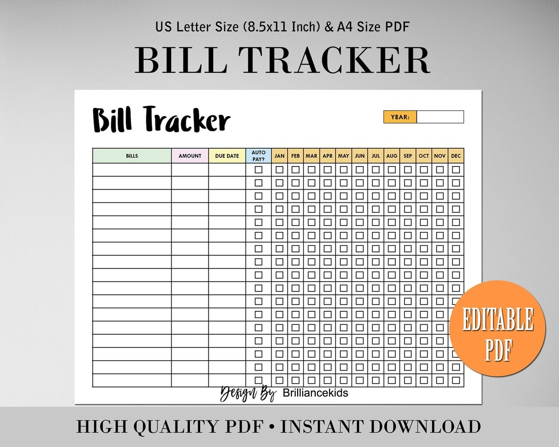 Editable Bill Tracker, Monthly Bill Tracker, Yearly Bill Tracker, Bill ...