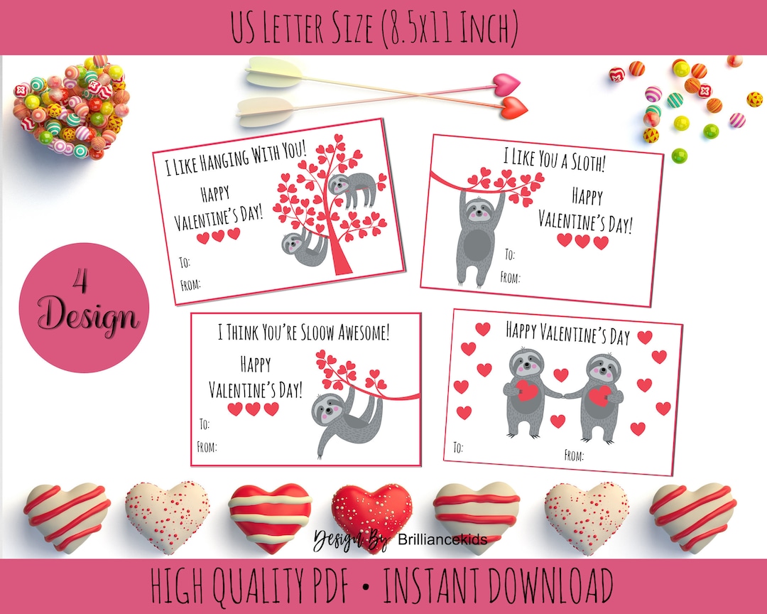 Cute Sloth Valentines Card Classroom Valentine Cards printable ...
