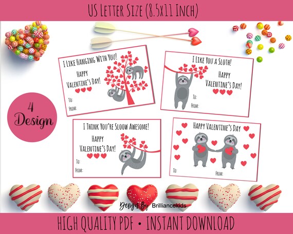 Cute Sloth Valentines Card Classroom Valentine Cards | Etsy