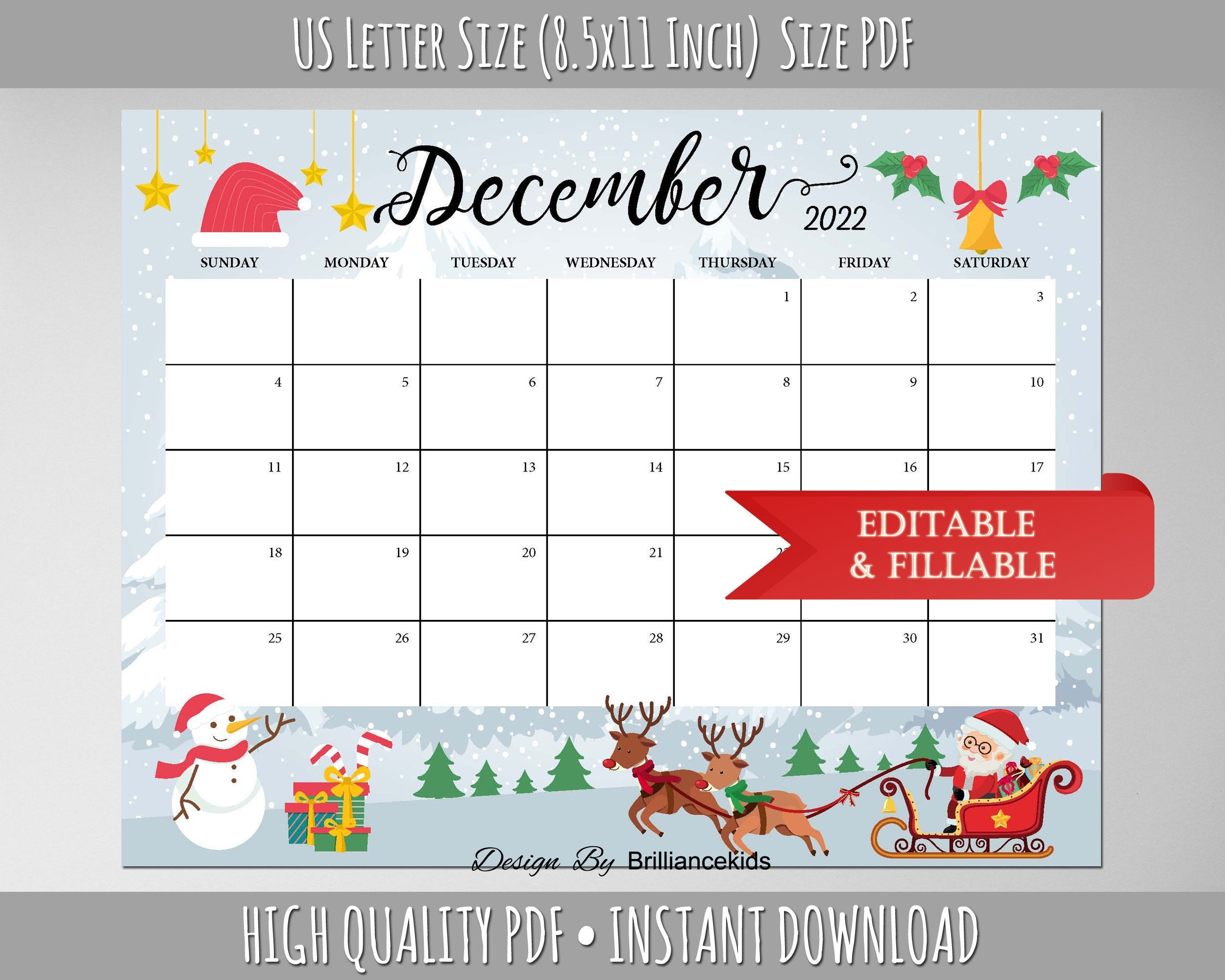 Cute December 2022 Calendar With Holidays