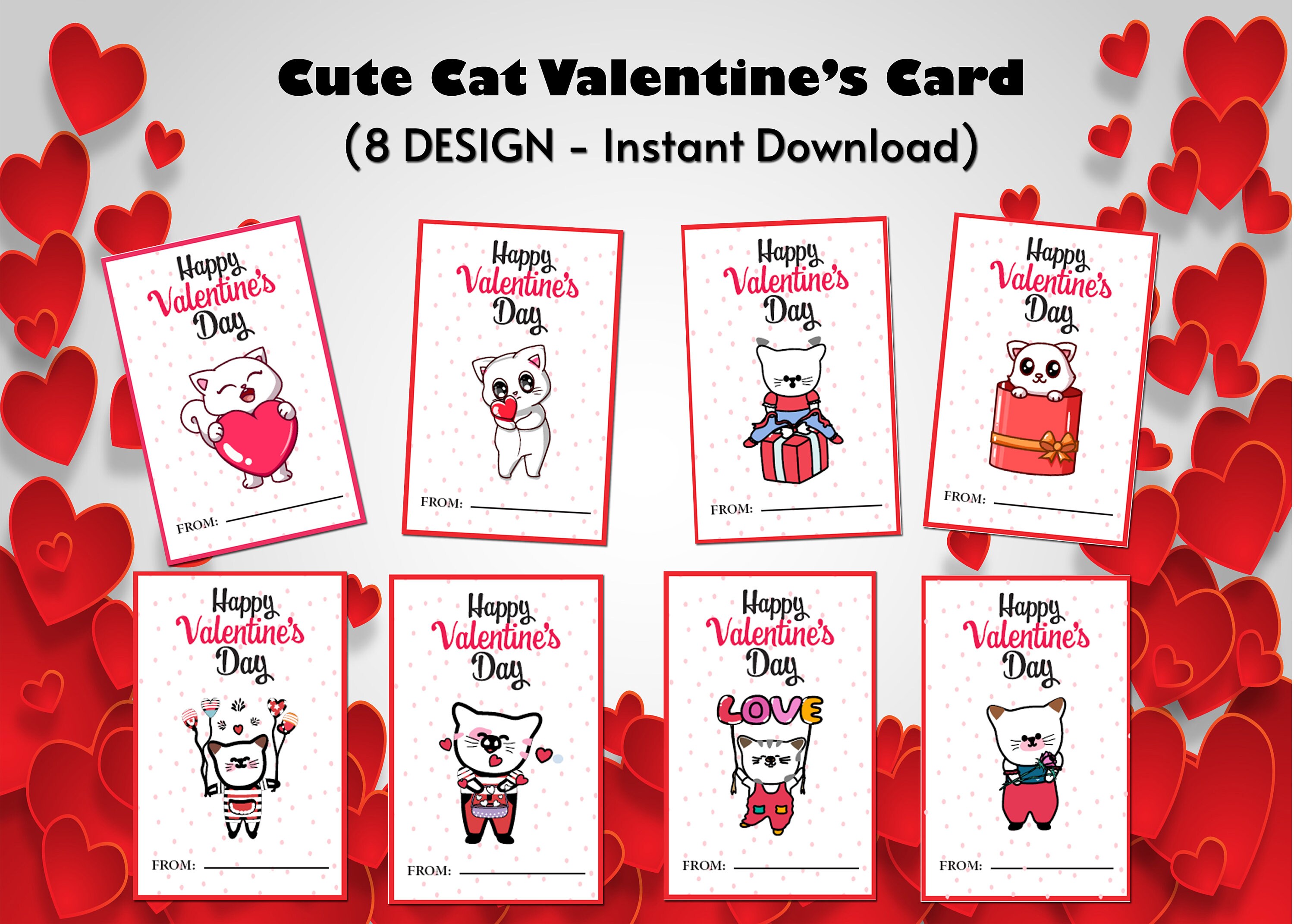Cat Valentine Printable, Kids Valentine Day Card, Kitten Classroom Card ...