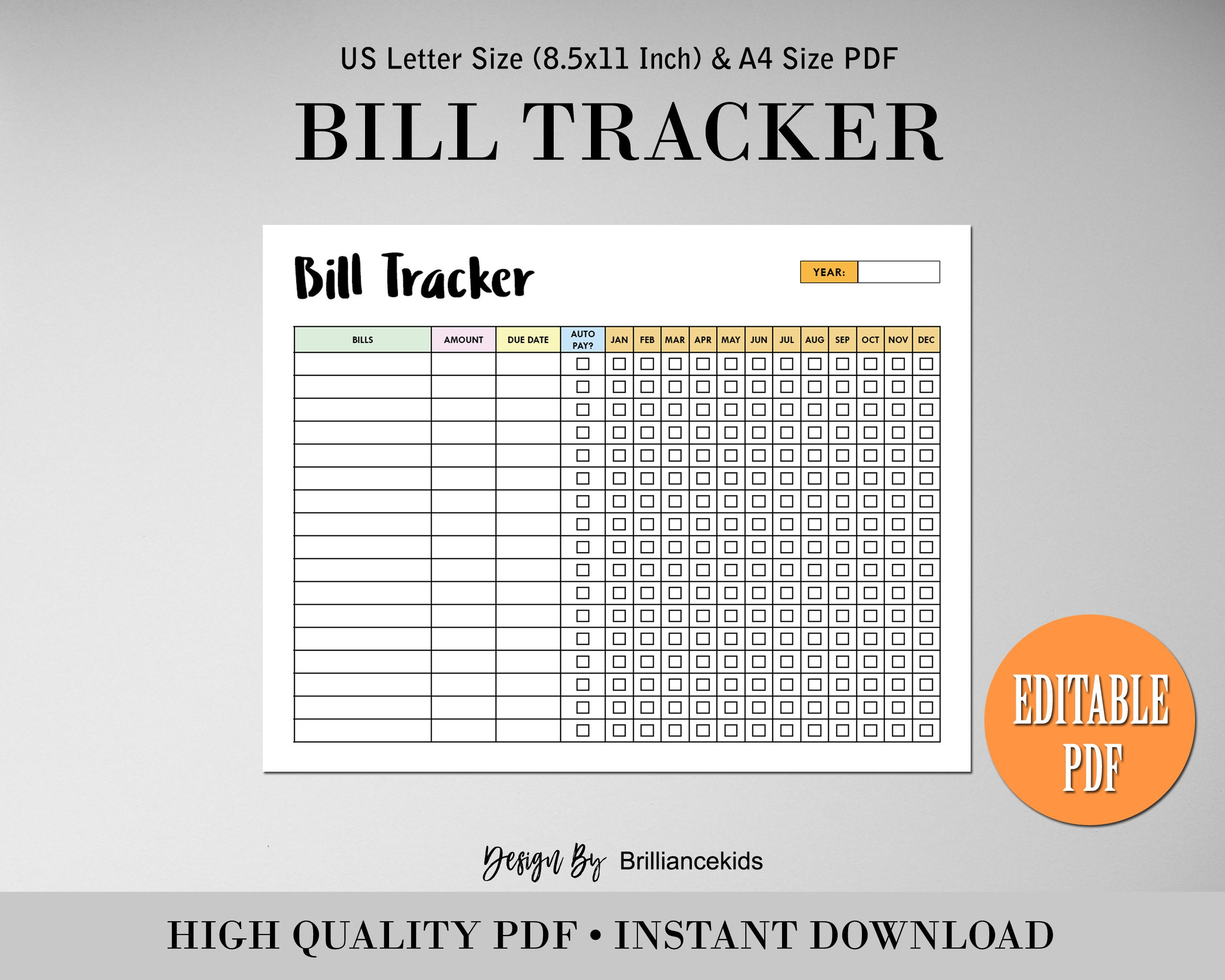 Editable Bill Tracker, Monthly Bill Tracker, Yearly Bill Tracker, Bill ...