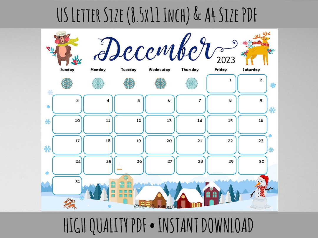 December Month Calendar 2023, Christmas Planner, Printable, Winter ...