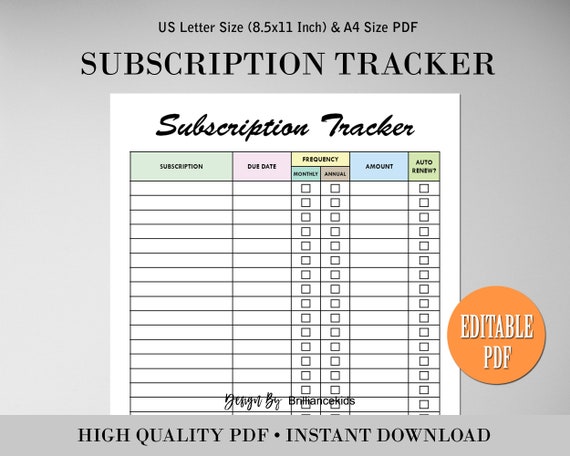 Subscription Tracker Instant Download Subscription Template Editable ...