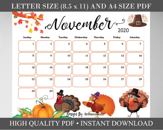 November Month Calendar 2020 Fall Planner Printable Turkey | Etsy