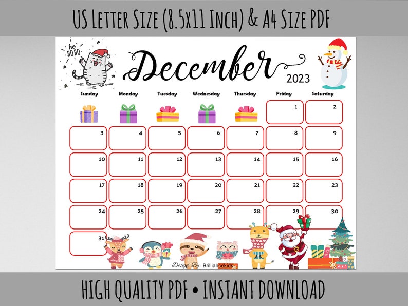 December Month Calendar 2023, Christmas Planner, Printable, Santa ...