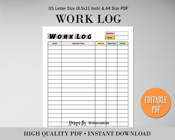 Editable Work Log Printable Work Task Log Time Spent | Etsy