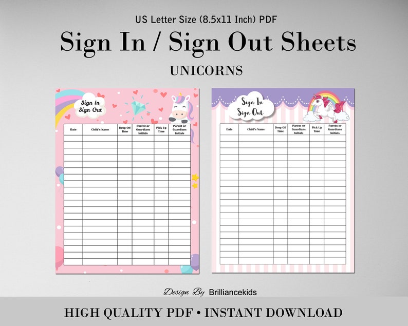 Sign in and Sign Out Forms for Daycare and Childcare, Sign in Sheet ...