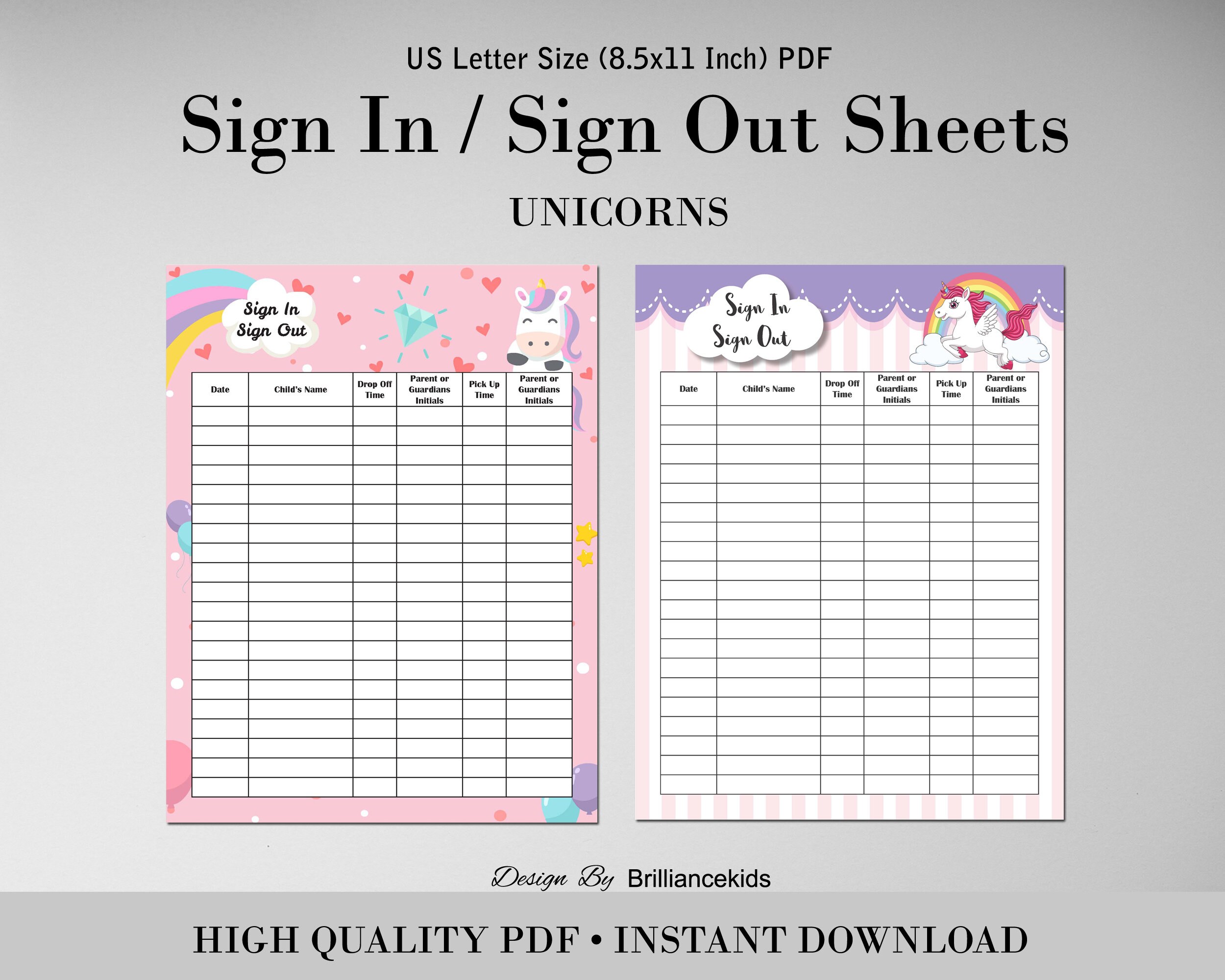 Sign in and Sign Out Forms for Daycare and Childcare, Sign in Sheet ...