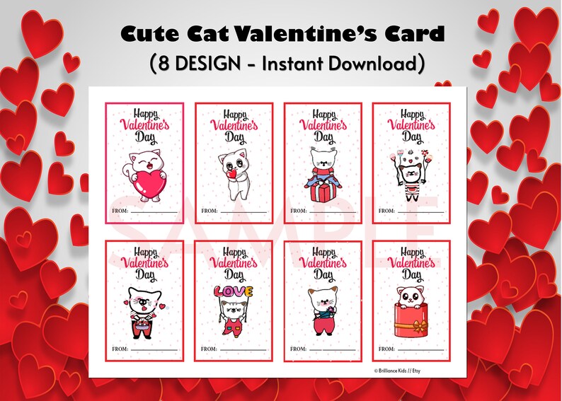 Cat Valentine Printable, Kids Valentine Day Card, Kitten Classroom Card ...