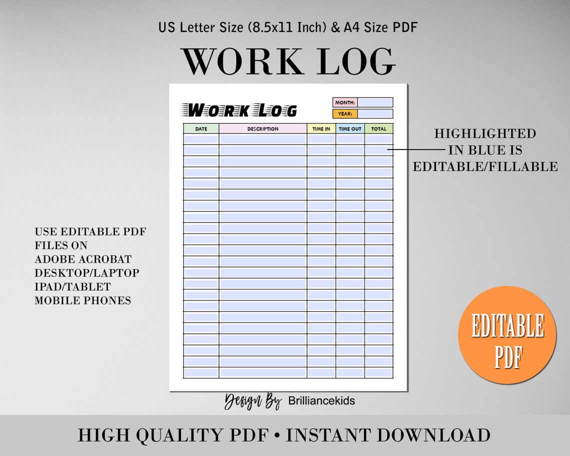 Editable Work Log Printable, Work Task Log, Time Spent Tracker ...