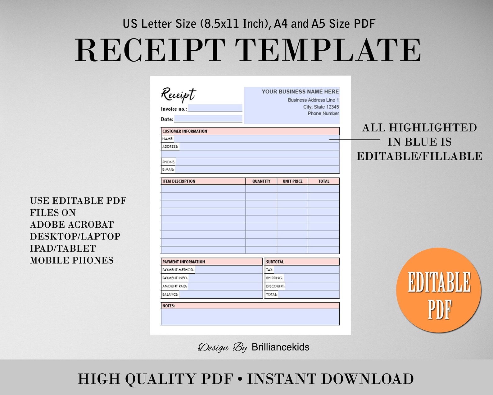 Editable Receipt Template, Order Receipt, Editable Printable, Editable ...