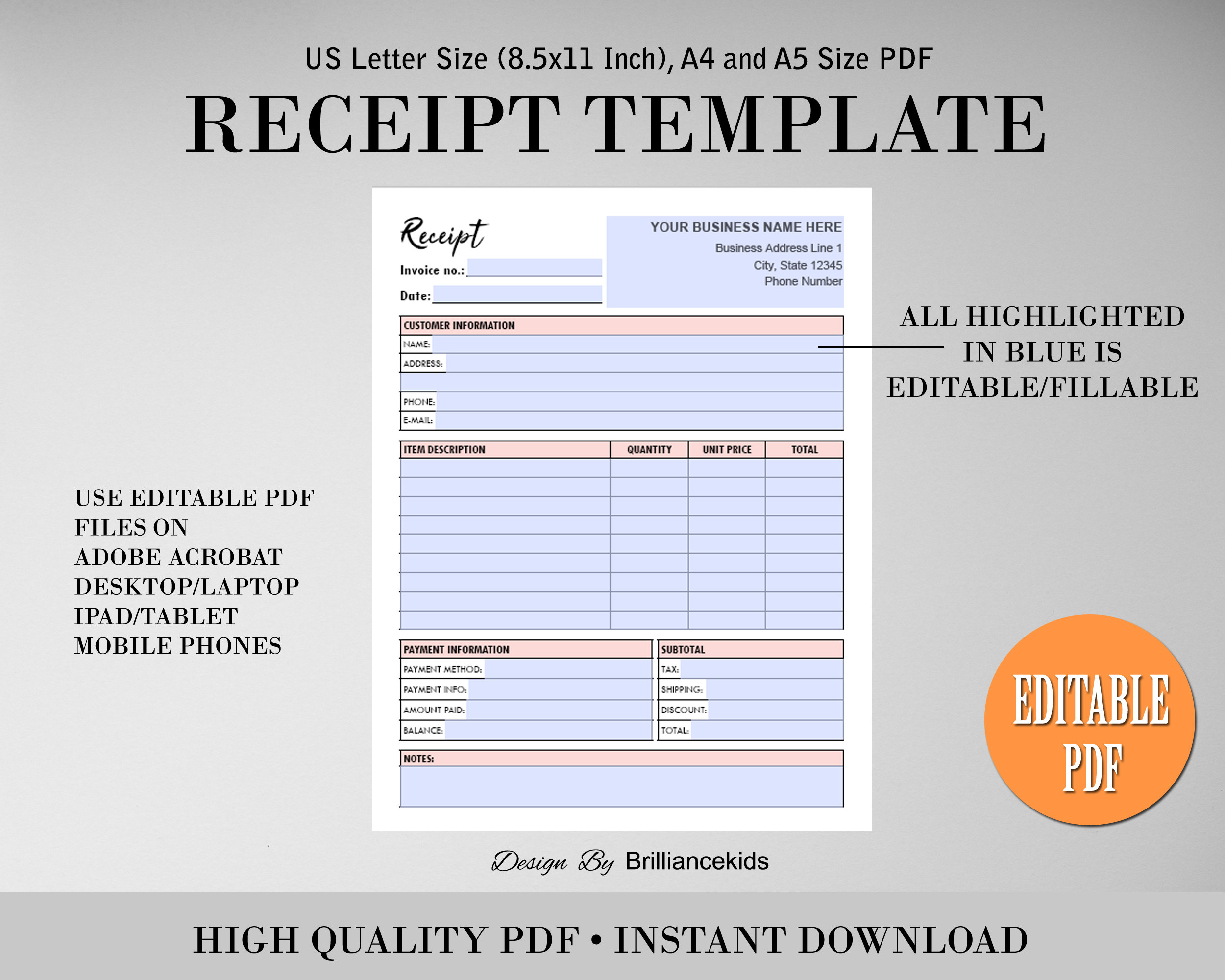 Editable Receipt Template, Order Receipt, Editable Printable, Editable ...
