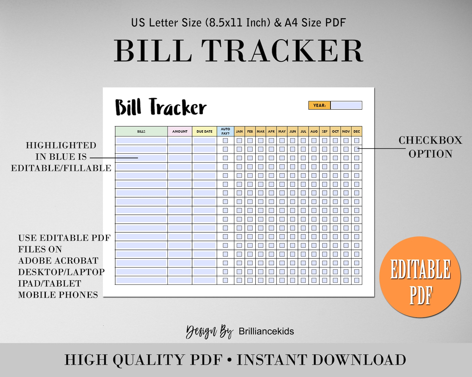 Editable Bill Tracker, Monthly Bill Tracker, Yearly Bill Tracker, Bill ...