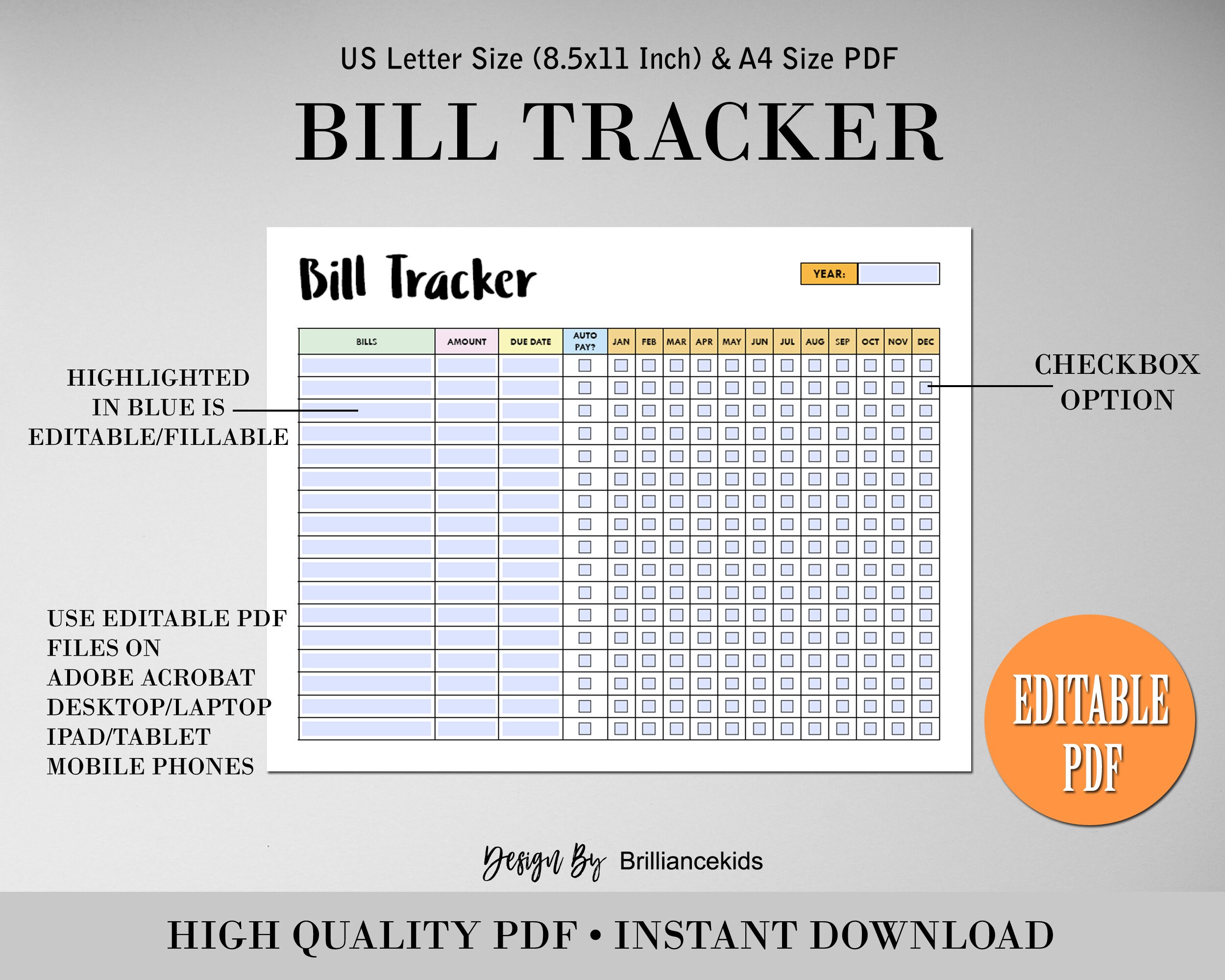 Editable Bill Tracker, Monthly Bill Tracker, Yearly Bill Tracker, Bill ...