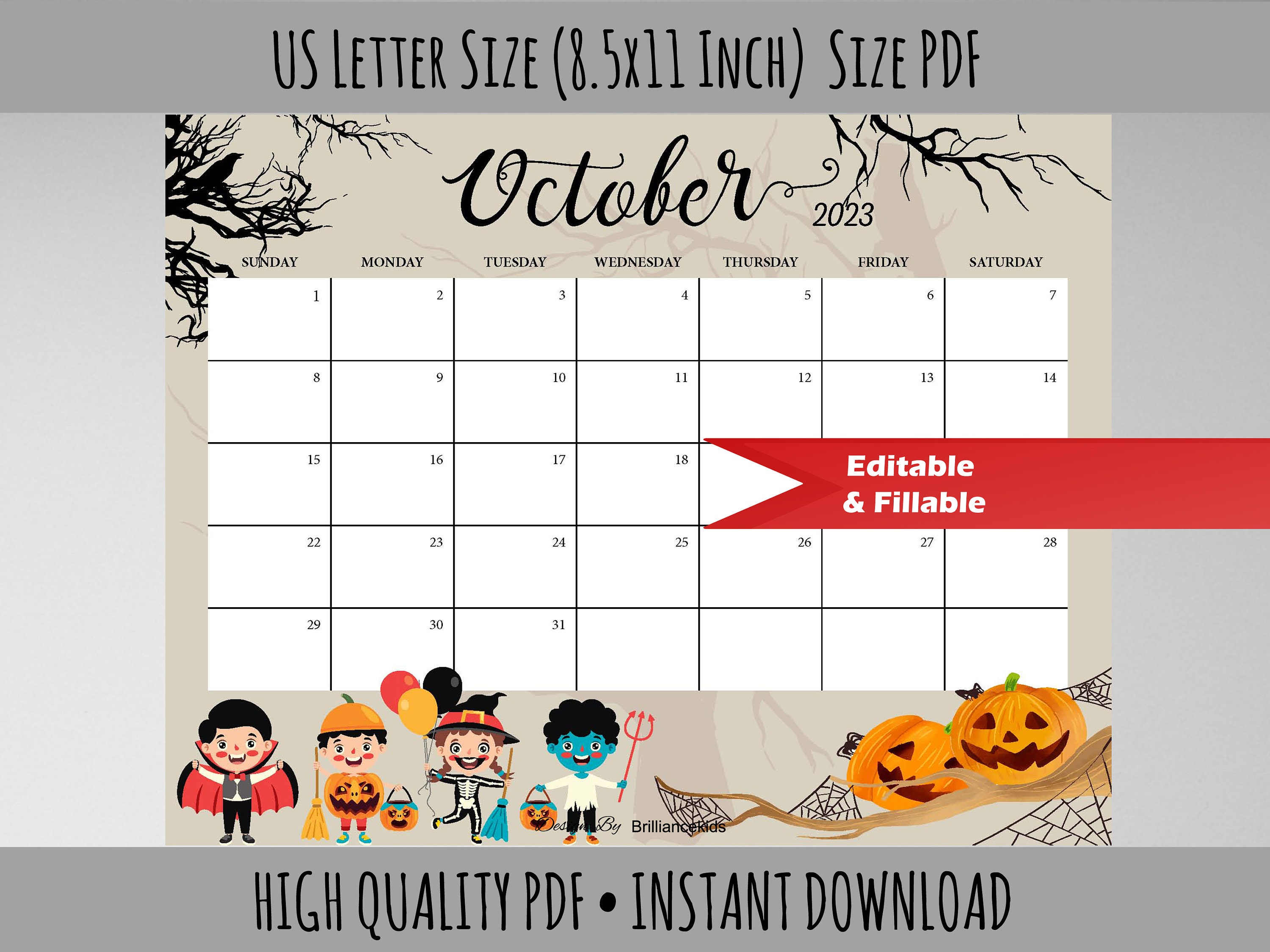 Editable October Month Calendar 2023, Halloween Planner, Printable ...