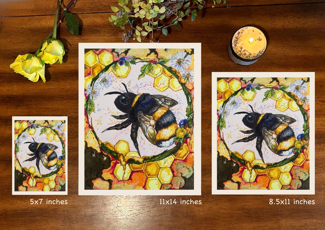 Bumble Bee Art Print / Watercolor Reprint / Hand Drawn Bee With Flowers ...
