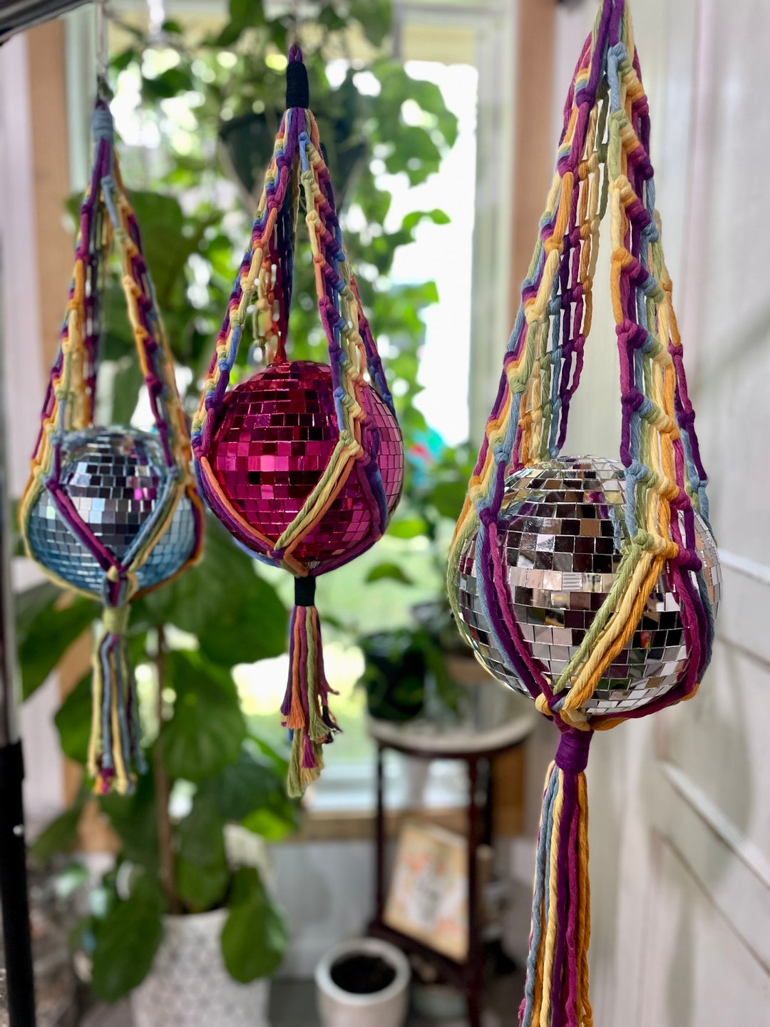 Rainbow Macrame Disco Ball Plant Hanger - Etsy