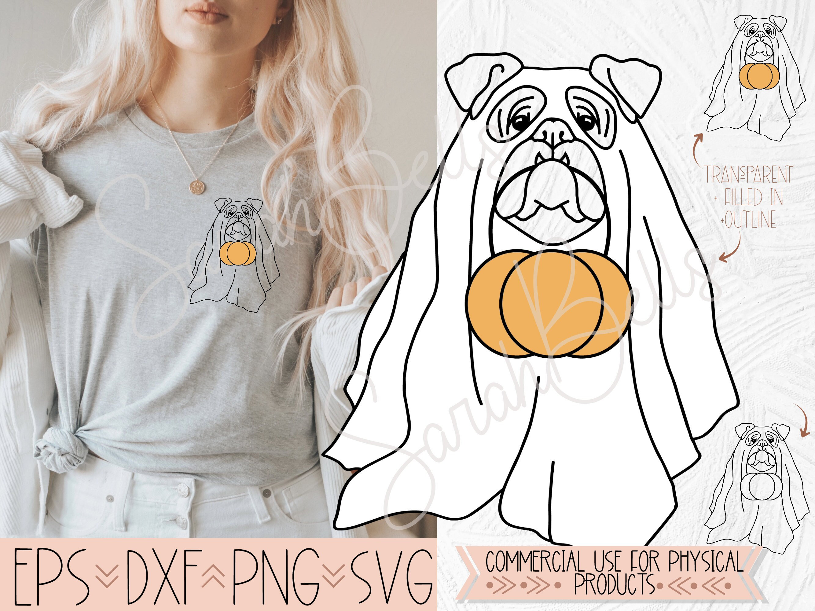 Bulldog Ghost Costume Trick or Treating SVG DXF Hand Drawn English ...