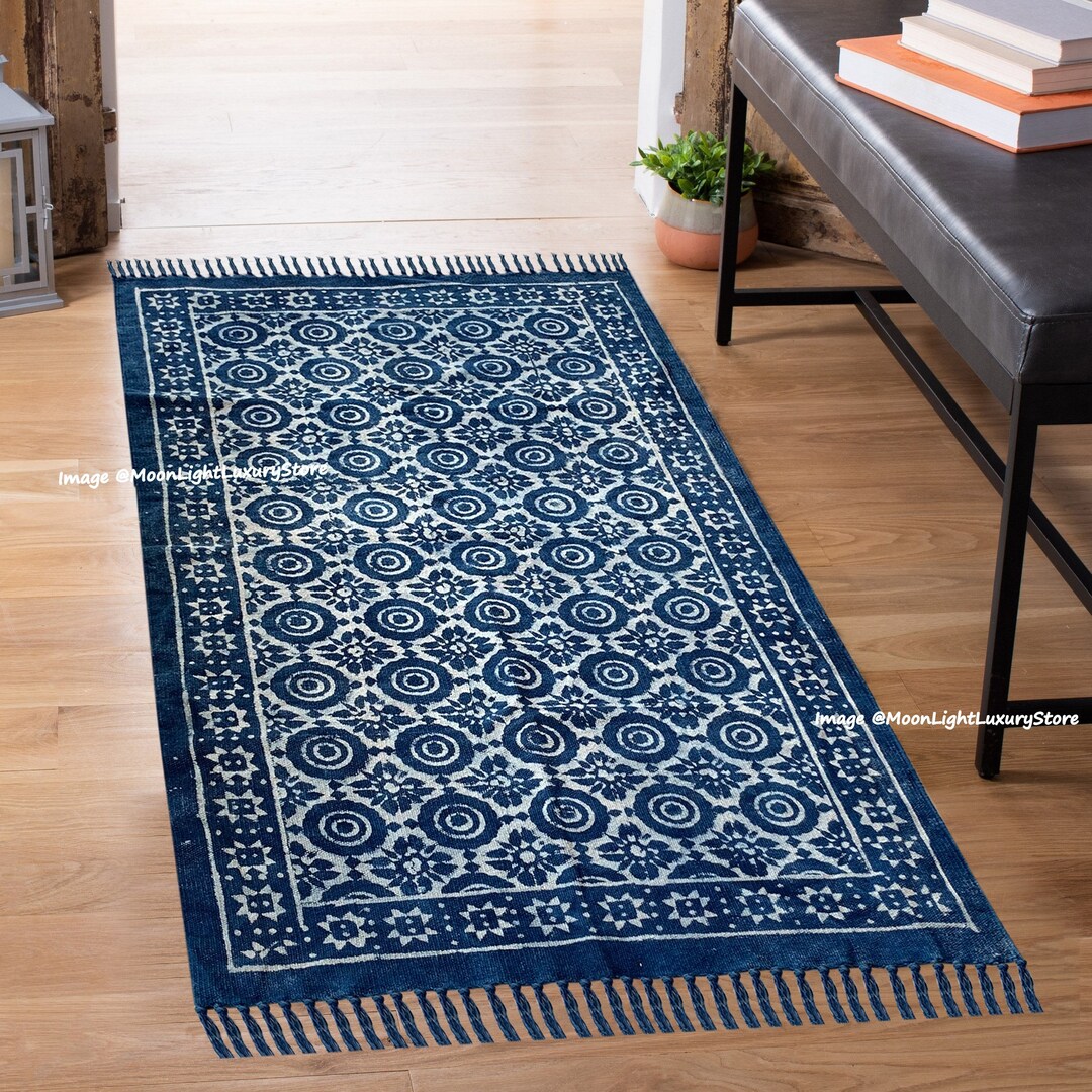 6x9 Ft Rug Indigo Rug Cotton Rug Handmade Rug Indian Rug Woven Rug Dari ...