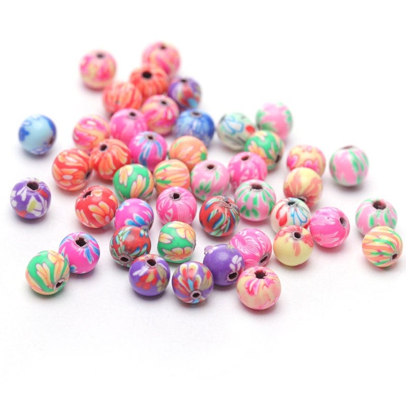 100pcs Multicolored Round Spherical Flower Printed Floral Polymer Clay ...