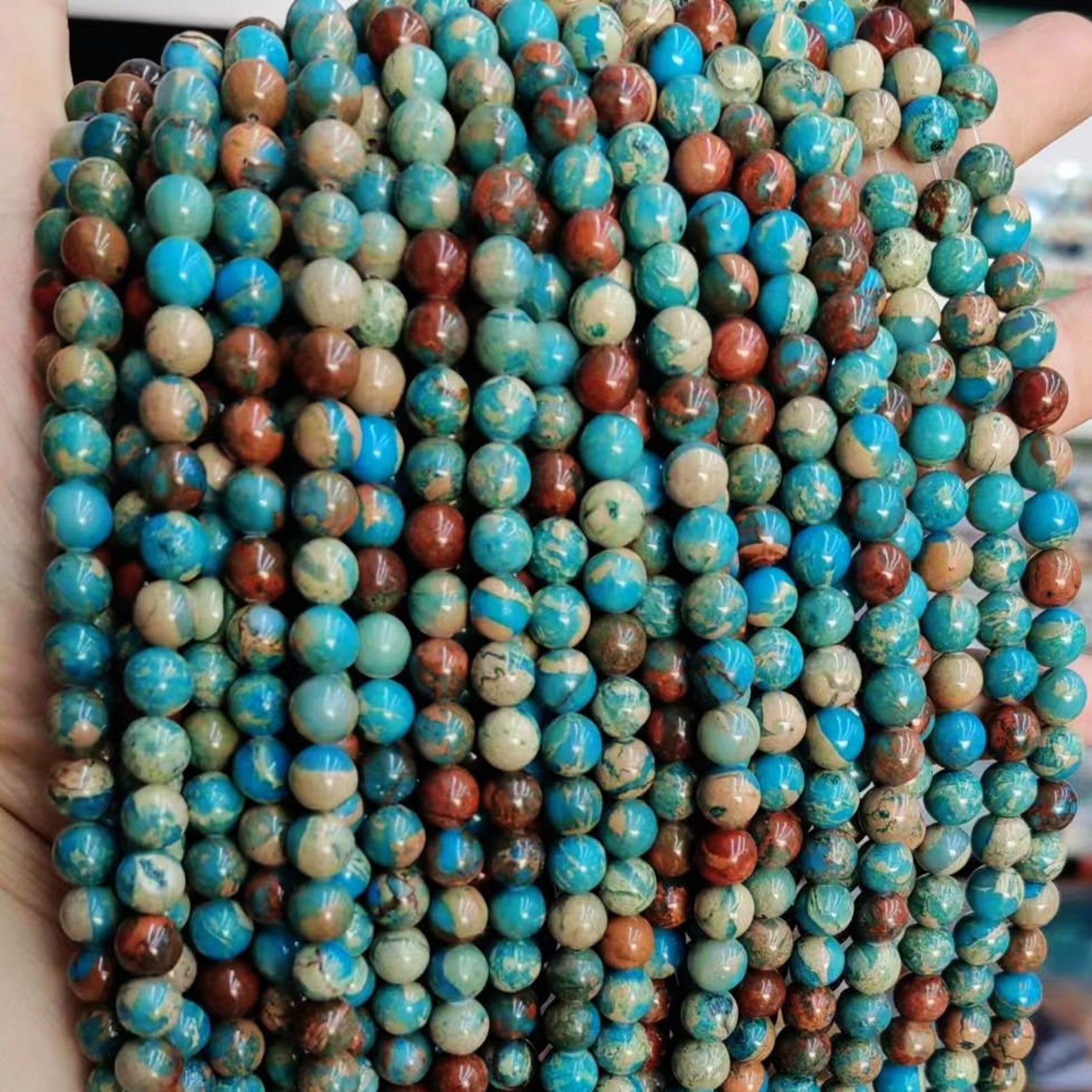 1 Full Strand 15.5" Loose Round Stone Smooth Turquoise Blue Sea ...