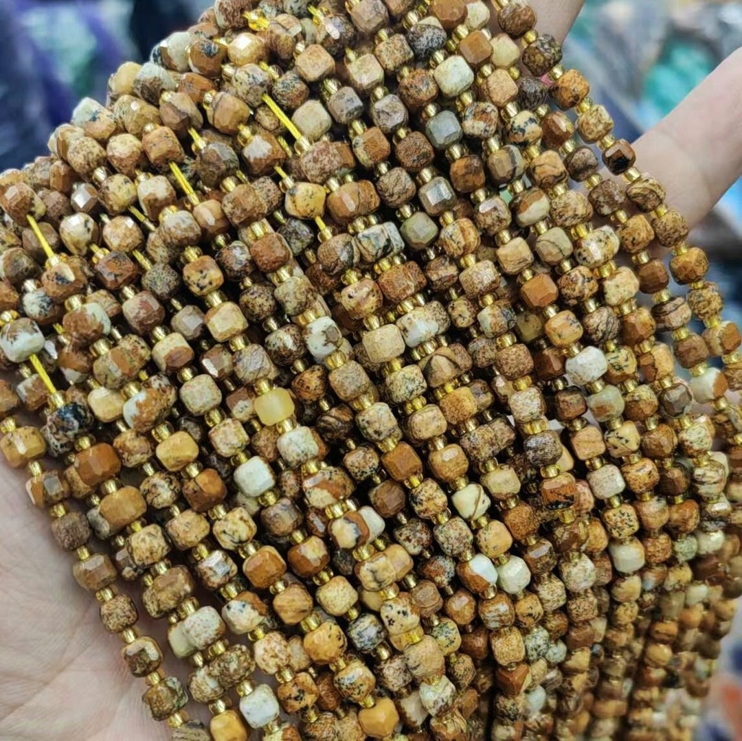 6mm/8mm Sparkling Cube Picture Jasper Stone Genuine Natural Faceted ...
