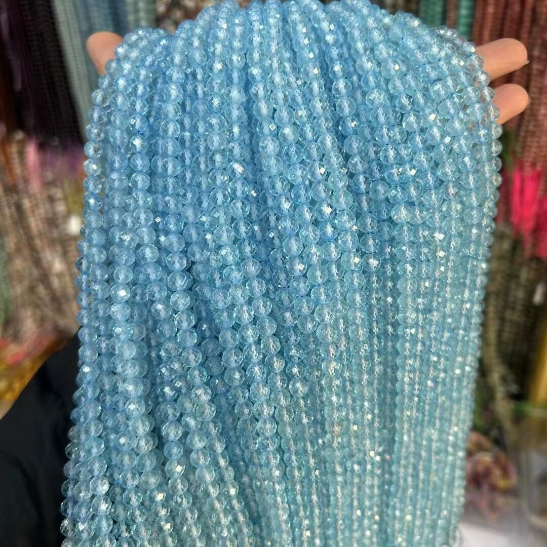 Micro Round Faceted Genuine Real Natural Blue Topaz Beads 1 Full Strand ...