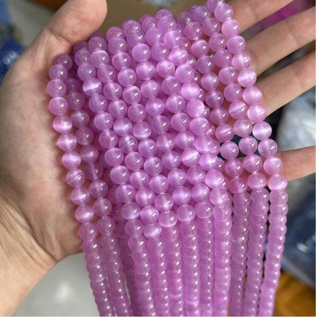 Kunzite Color Cat Eye Genuine Natural Chatoyancy Selenite Beads, Round ...