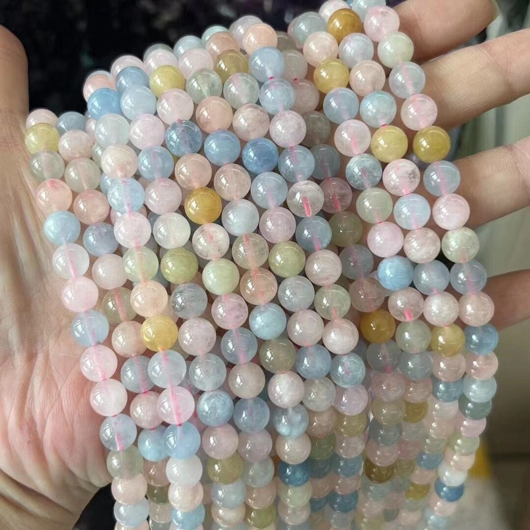 Genuine Morganite Gemstone Beads, Round, Smooth, Pink Blue Green Yellow ...