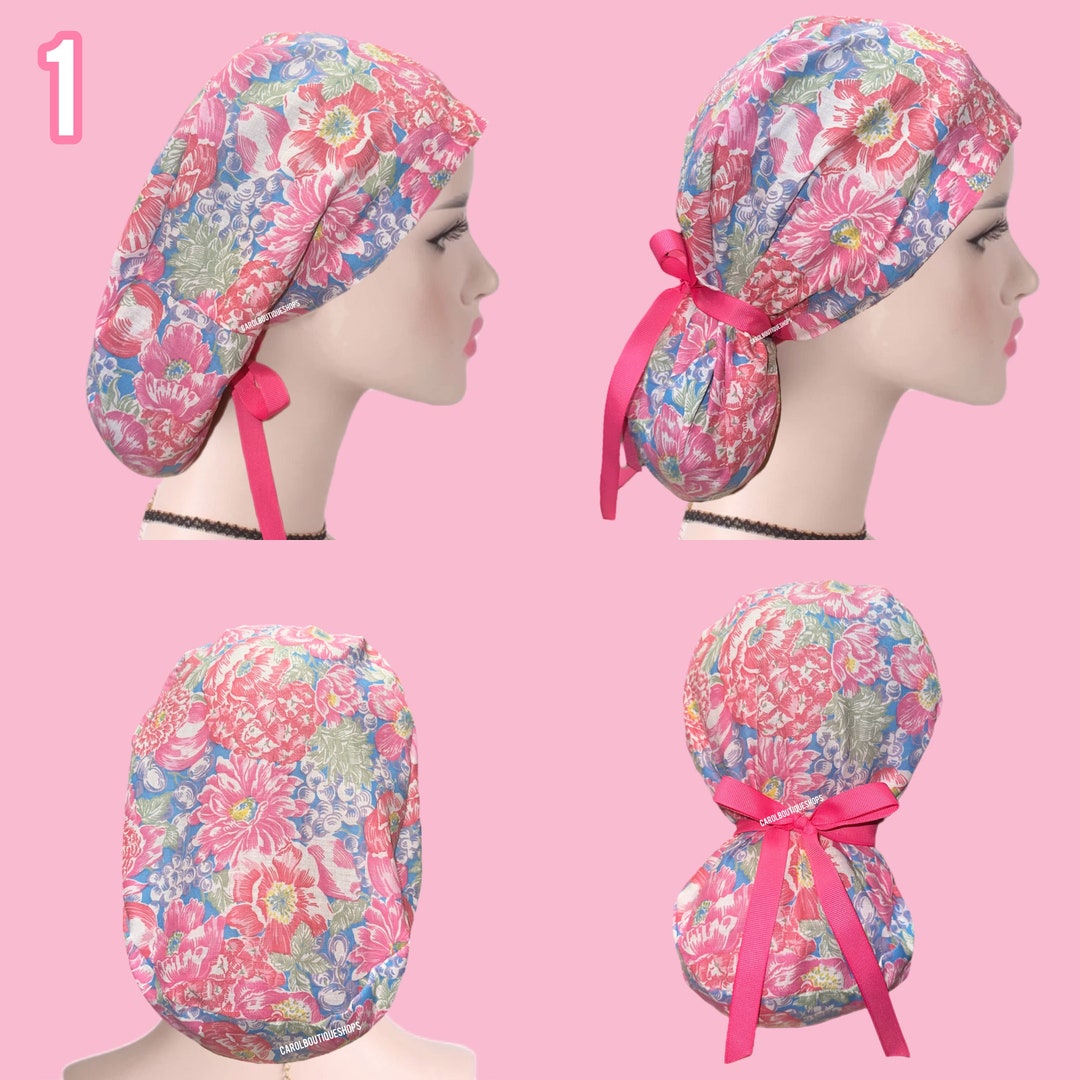 Floral Ponytail Scrub Cap, Long Hair Scrub Cap, Pastel Colors Scrub Cap ...