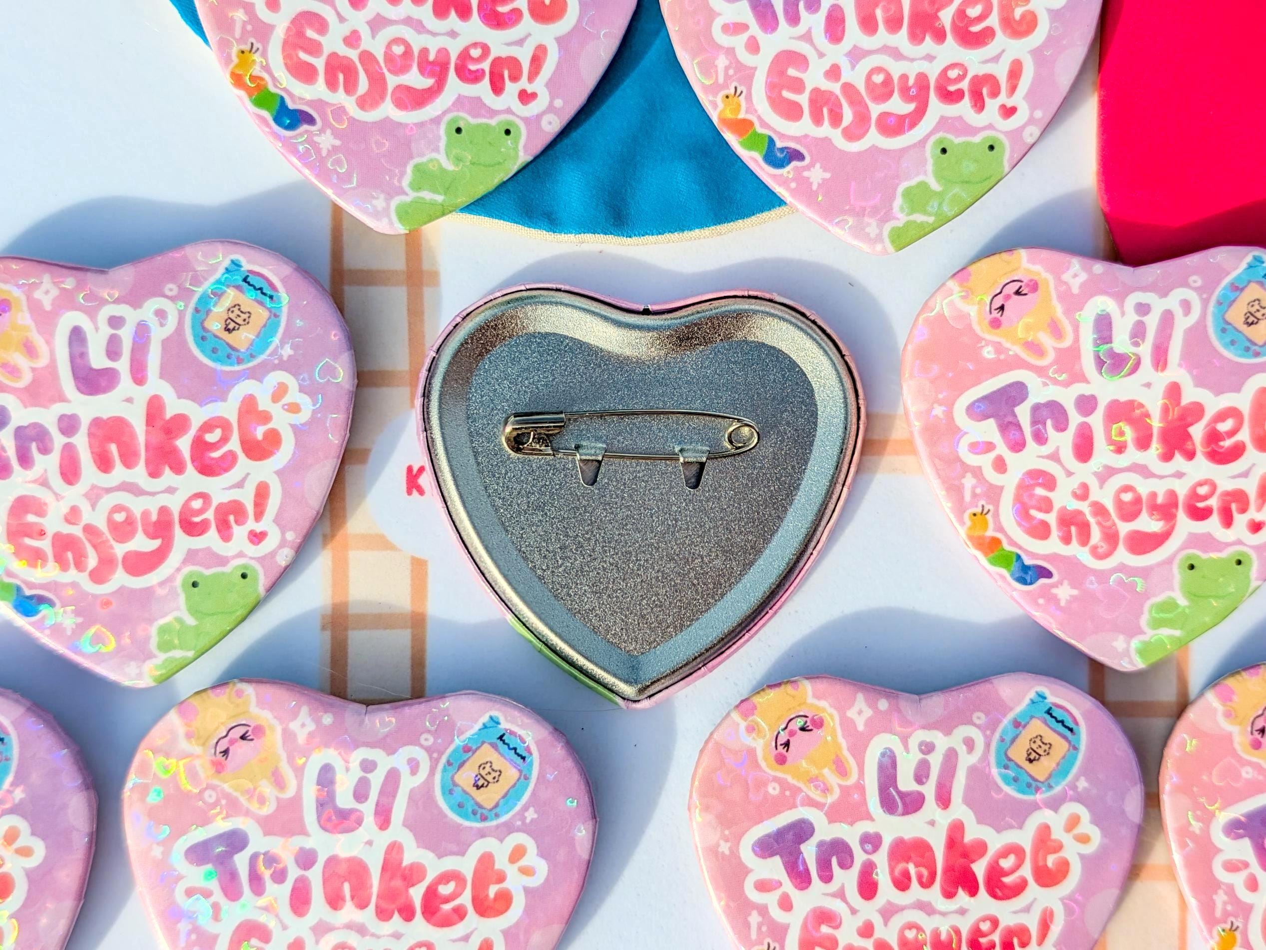 Lil' Trinket Enjoyer, Holographic Heart Shaped 57mm Button Badge ...