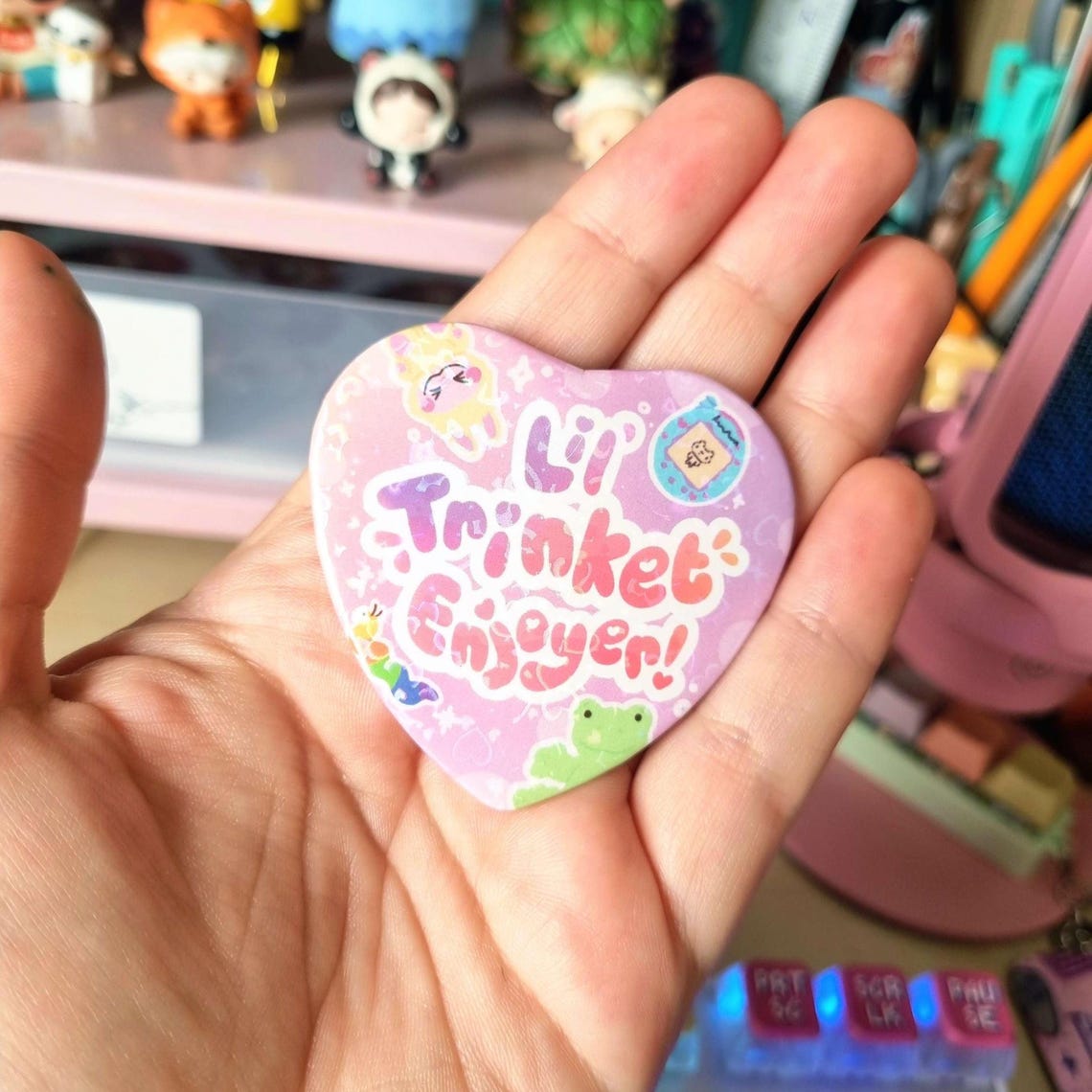 Lil' Trinket Enjoyer, Holographic Heart Shaped 57mm Button Badge ...