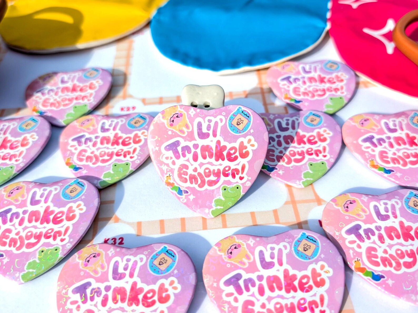 Lil' Trinket Enjoyer, Holographic Heart Shaped 57mm Button Badge ...